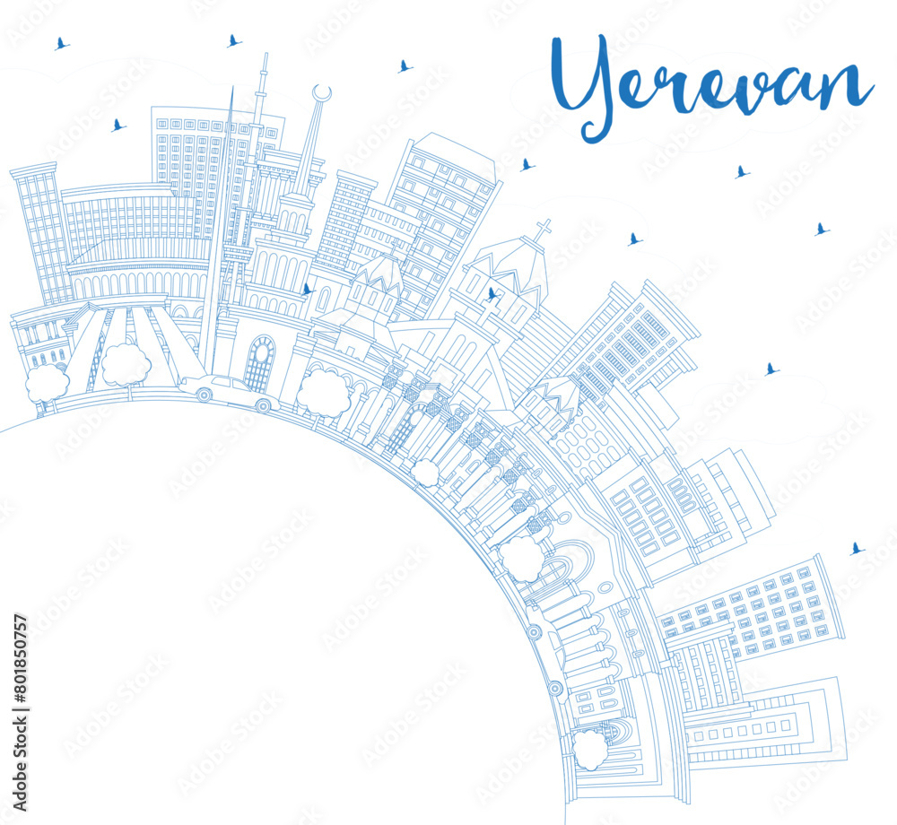 Outline Yerevan Armenia City Skyline with Blue Buildings and Copy Space ...