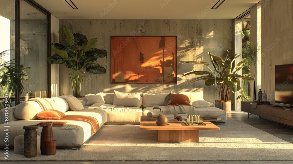 Modern Living Room Layout: A 3D visualization demonstrating an ...