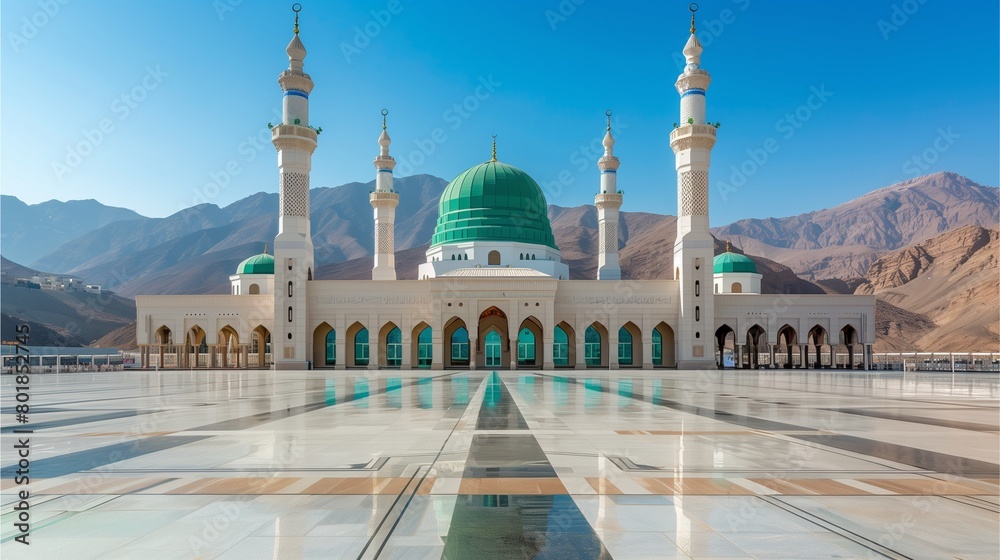 Mosque in Mecca Asia with green dome and white building with mountains ...