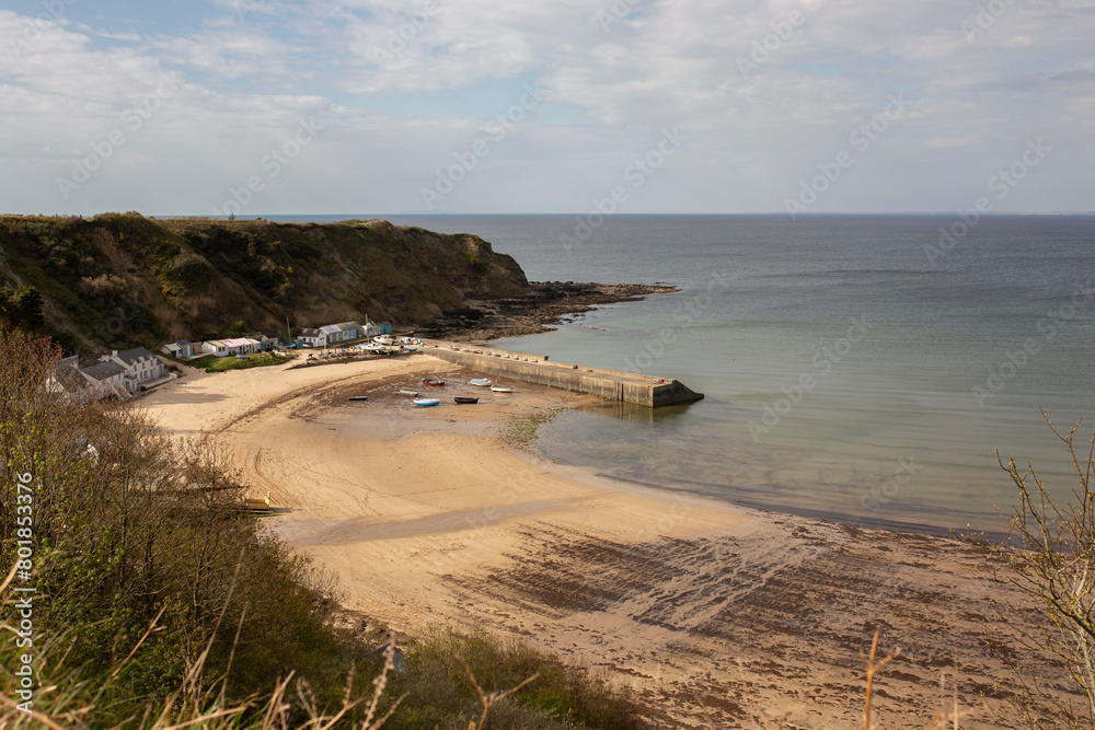 Porth Nefyn harbour and Nefyn beach viewed from on top of a cliff in ...