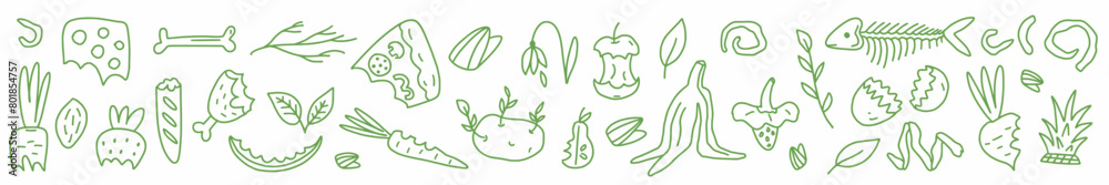 Organic waste, food compost garbage, vector illustration, hand-drawn in ...
