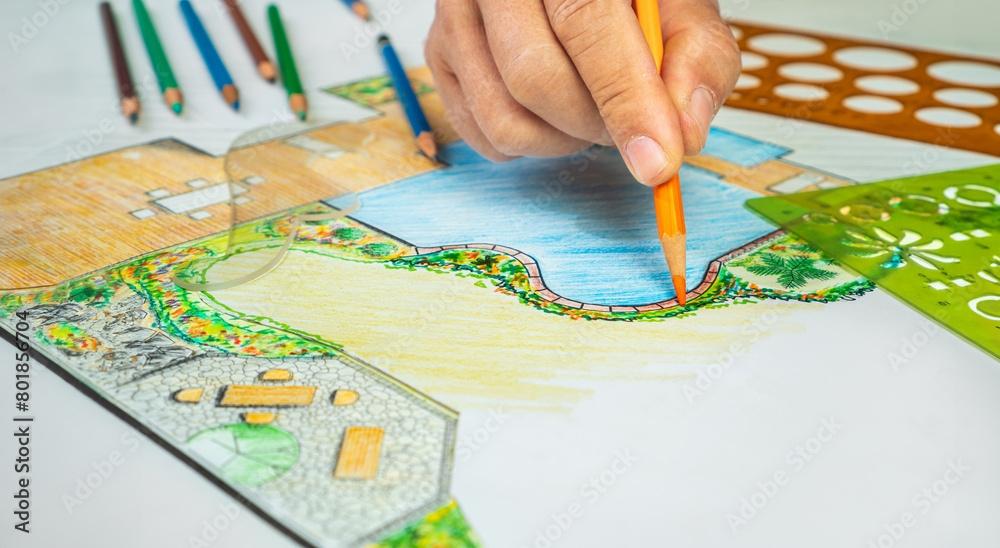 Landscape architect student learning garden plan design by hand drawing ...