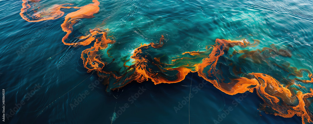 Aerial view of an oil spill in the ocean with containment booms ...