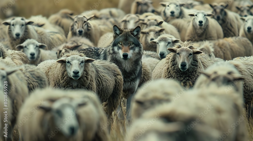 A wolf hiding among a flock of sheep, leading the way or waiting for the right moment to act ...