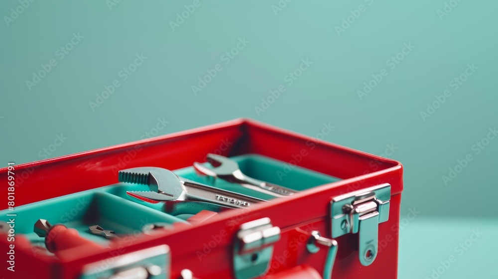 Close-up of an open red toolbox against a cool mint background ...