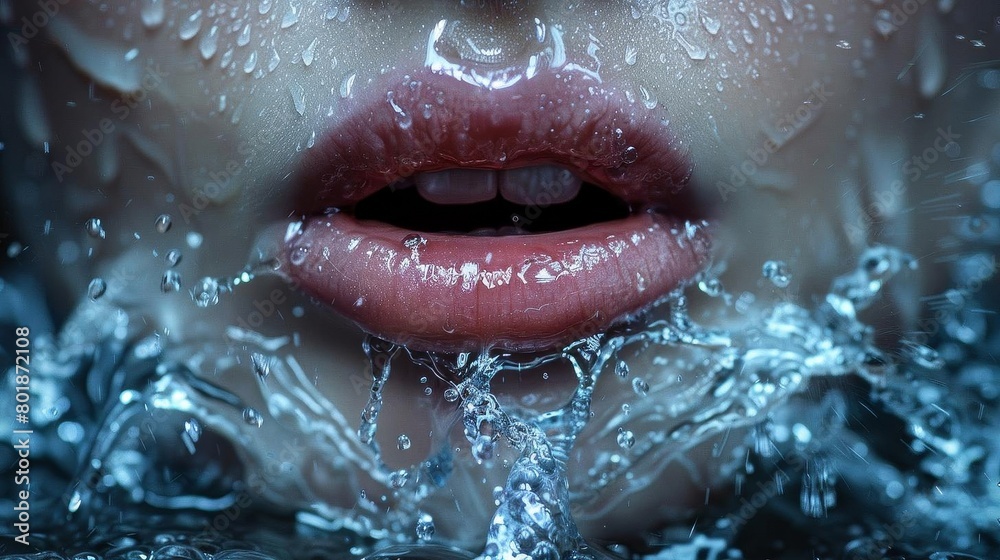 water splashing onto Lips, in the style of Black background, high ...