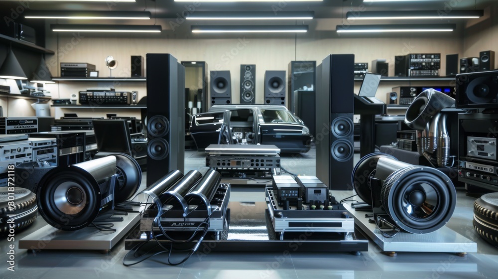 A lineup of high-end car audio components including speakers ...
