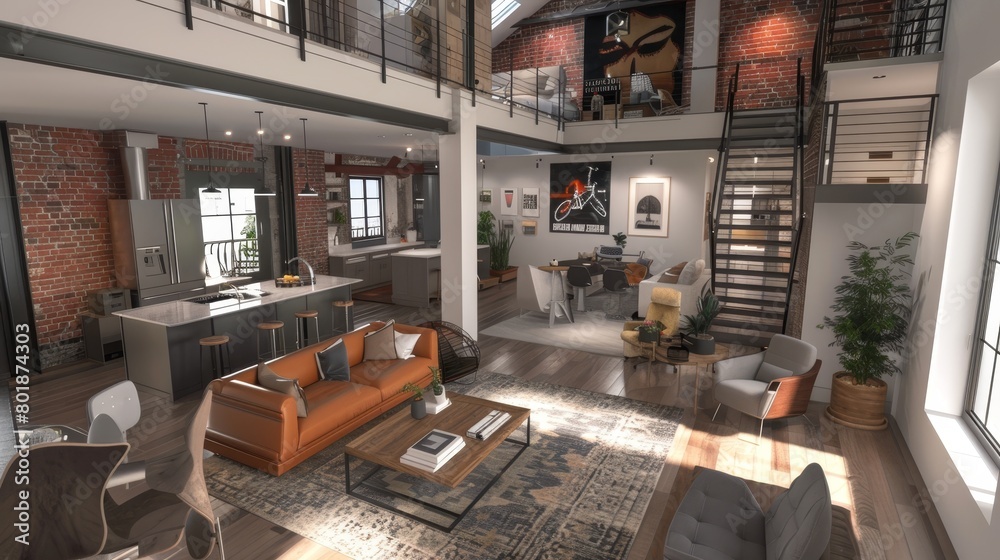 Dynamic urban loft interior styled for a young professional, featuring ...