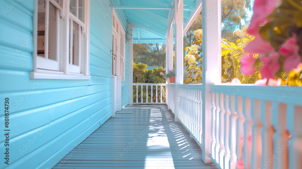 Empty beach hut coastal veranda porch back door entrance sofa bench ...