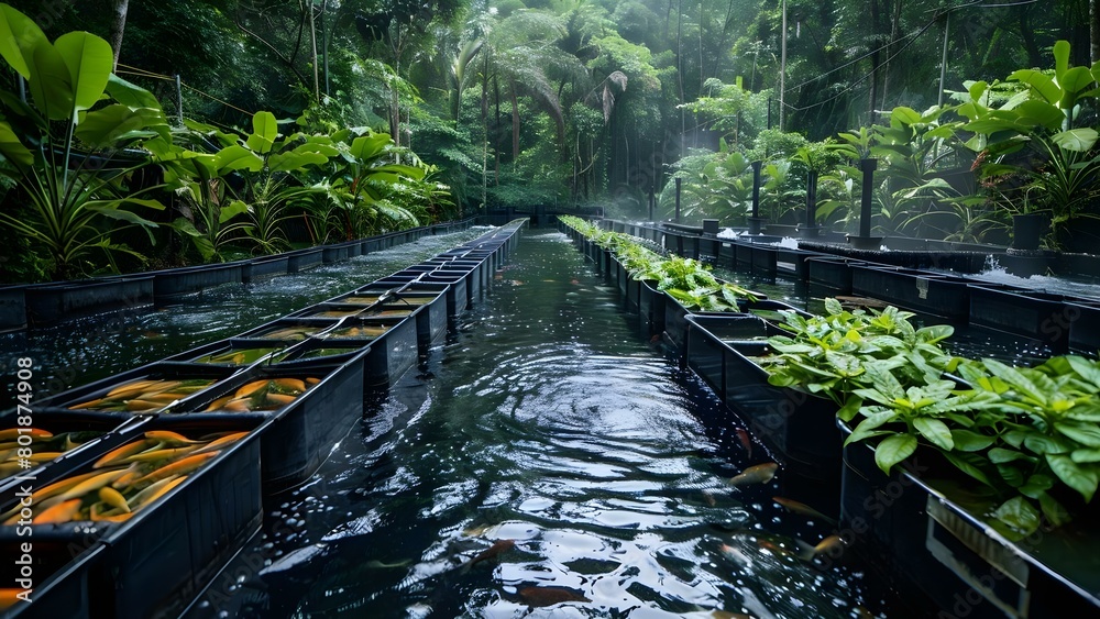 A contemporary fish farming facility with rows of tanks set amidst ...
