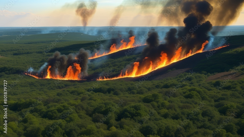 A forest fire breaks out, covering vast areas and turning green forests ...