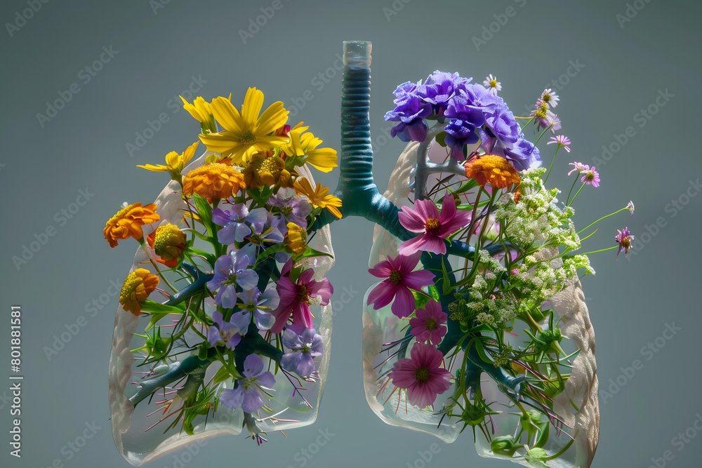 Beautiful flowers growing inside and outside a pair of lungs Stock ...