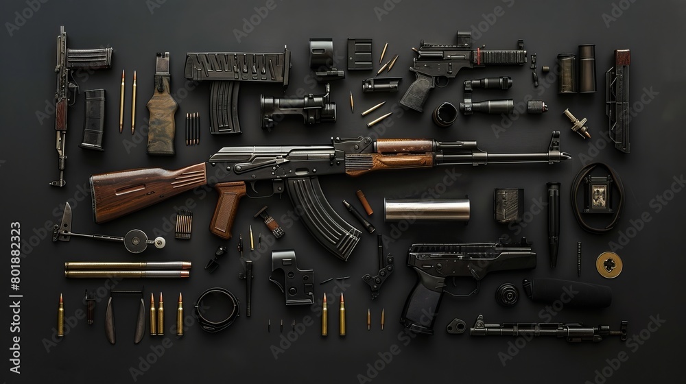 image of all components of the rifle on a full dark gray background ...