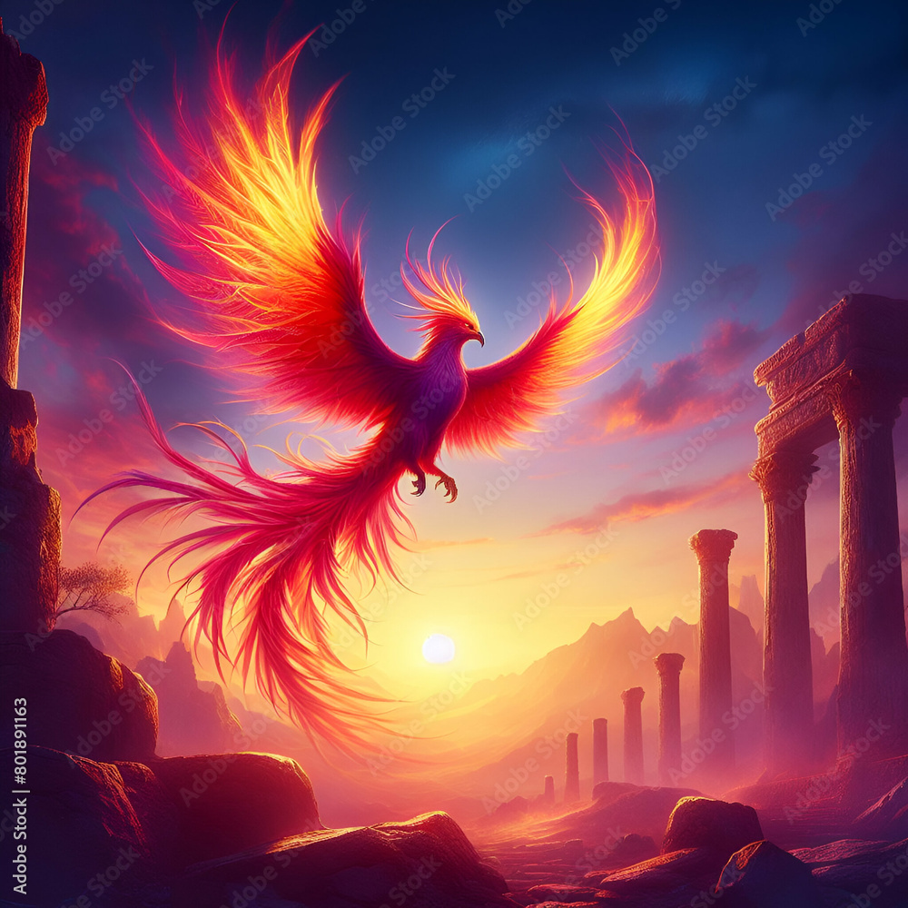 Sunset Flight”: Illustrate the phoenix in mid-flight during a vibrant ...