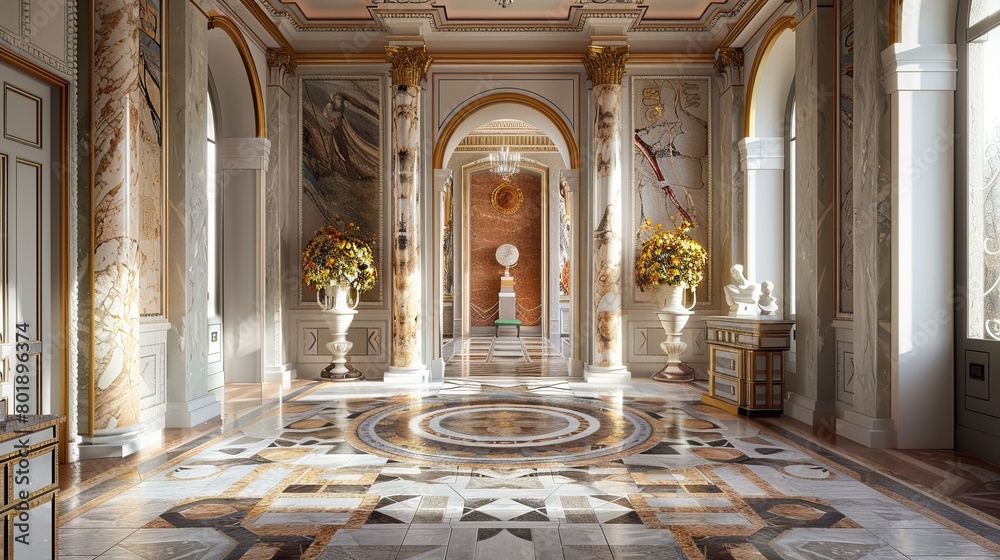 Ancient Roman villa-inspired interiors with marble columns, mosaic ...