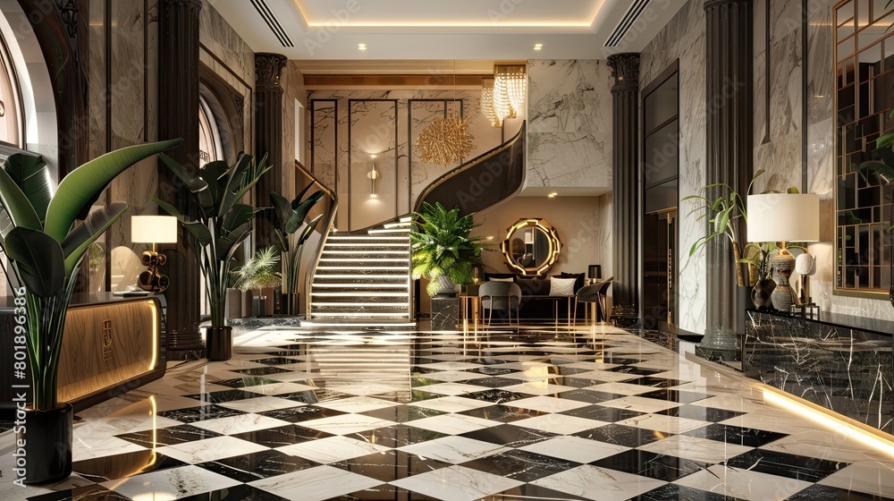 Art Deco-inspired boutique hotel lobby with marble floors, geometric ...