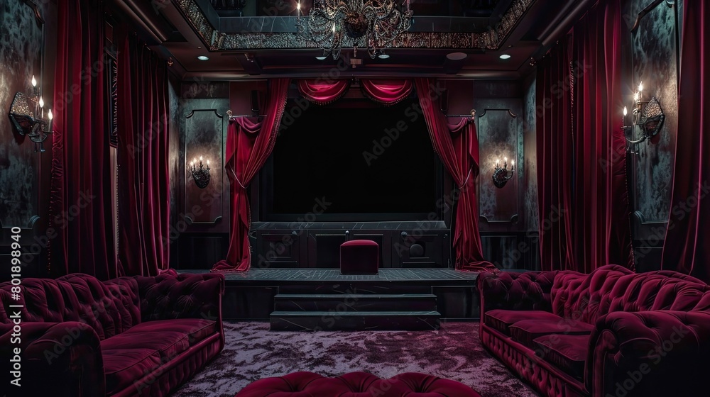 Gothic castle-inspired home theater with velvet curtains, throne-style ...