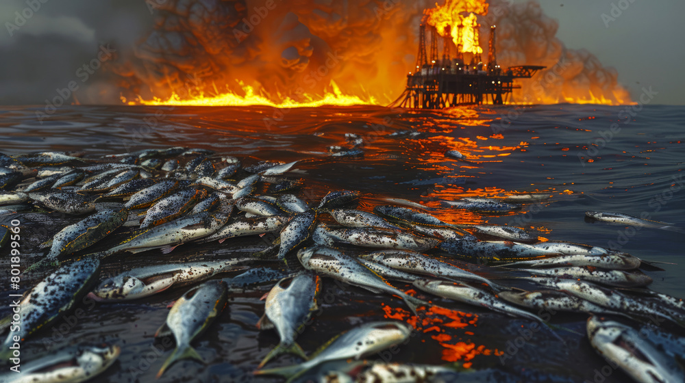 Environmental disaster with dead fish floating near a burning oil rig ...