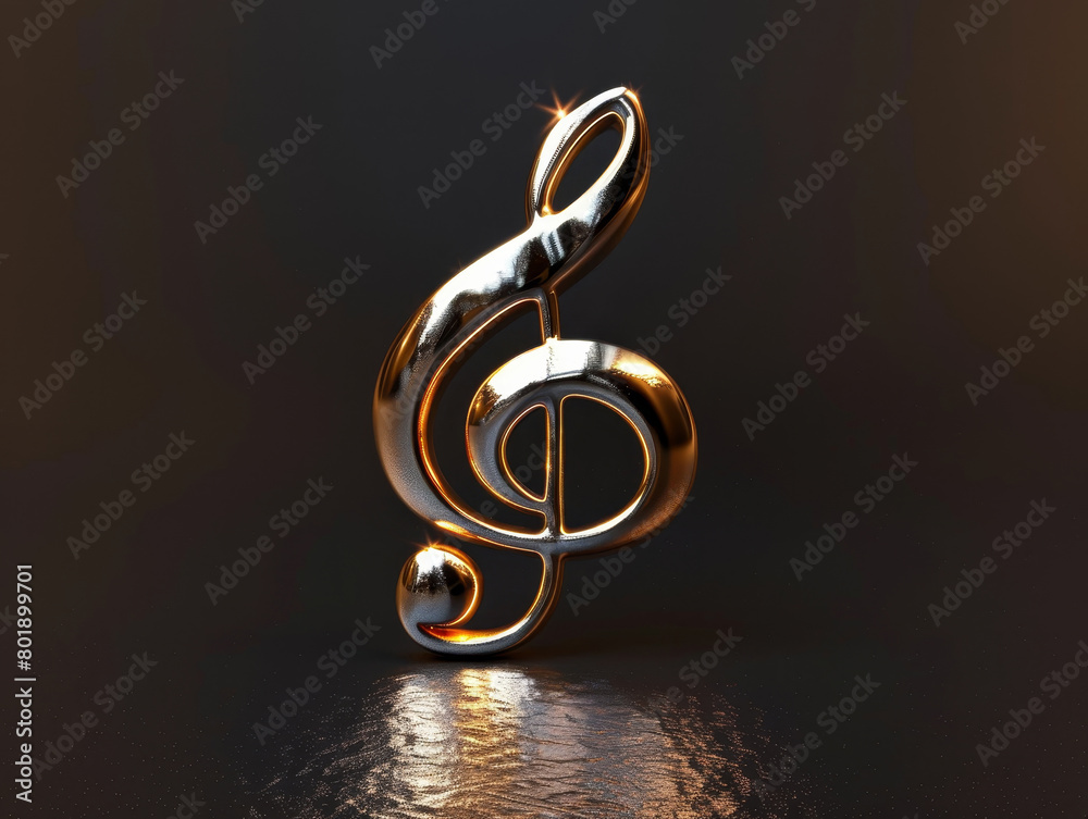 Golden treble clef with a reflective surface on a dark grey background ...
