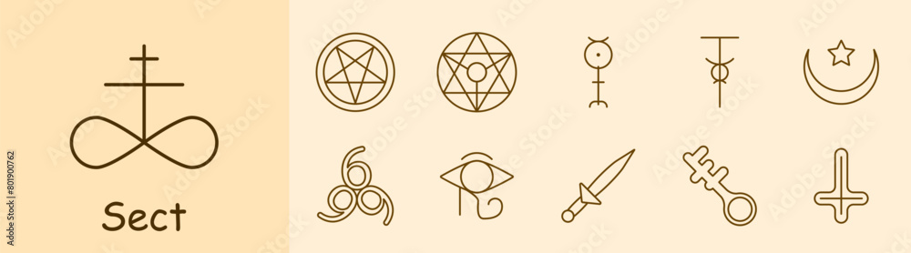 Sect set icon. Pentagram, Sigil of Baphomet, ritual dagger, sacrifices ...