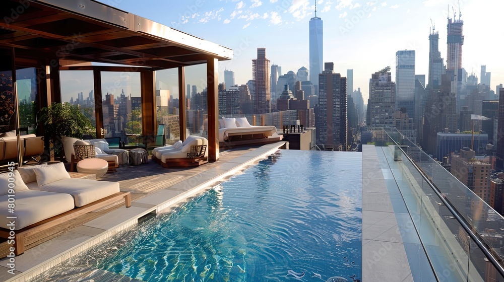Modern urban rooftop pool deck with infinity pool, cabanas, and city ...