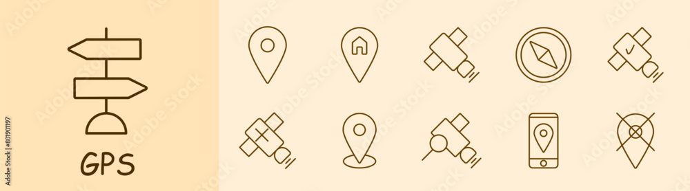 GPS set icon. Pointer, location, house, satellite, signal, compass ...