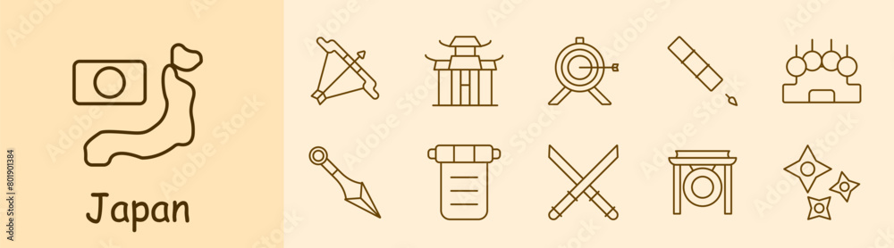 Japan set icon. Flag, country, island, map, bow, temple, Japanese ...