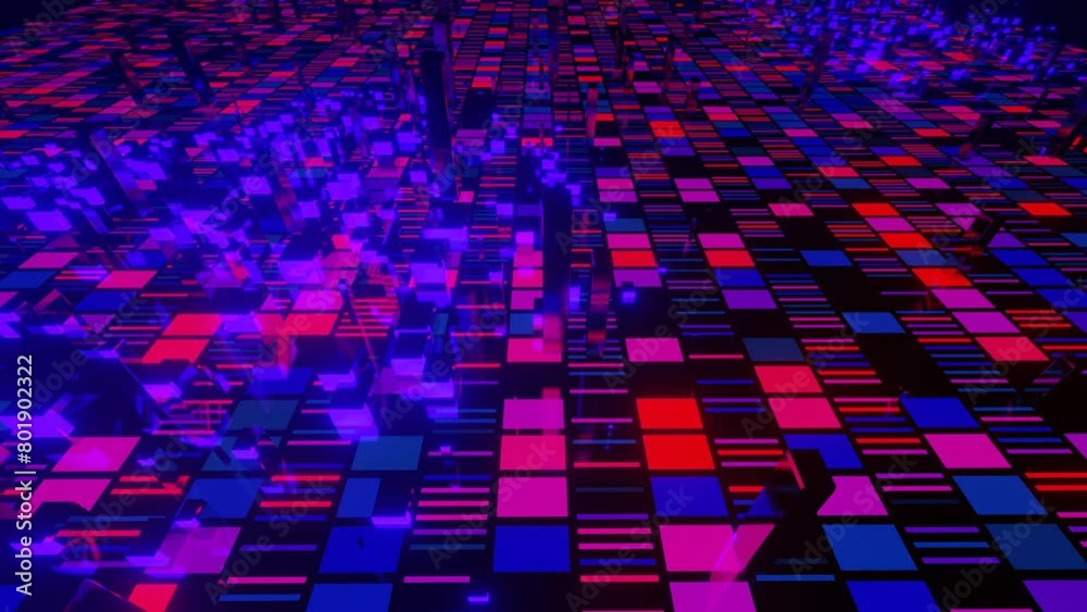 4k looped animation. Flight over hi tech pattern on plane surface, neon ...