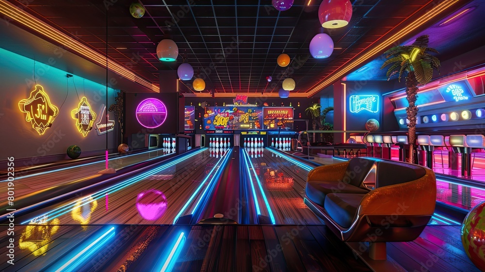 Retro bowling alley room with vintage bowling lanes, neon lights, and ...
