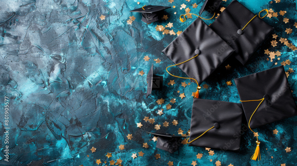 A row of black graduation caps are scattered on a blue background. The ...