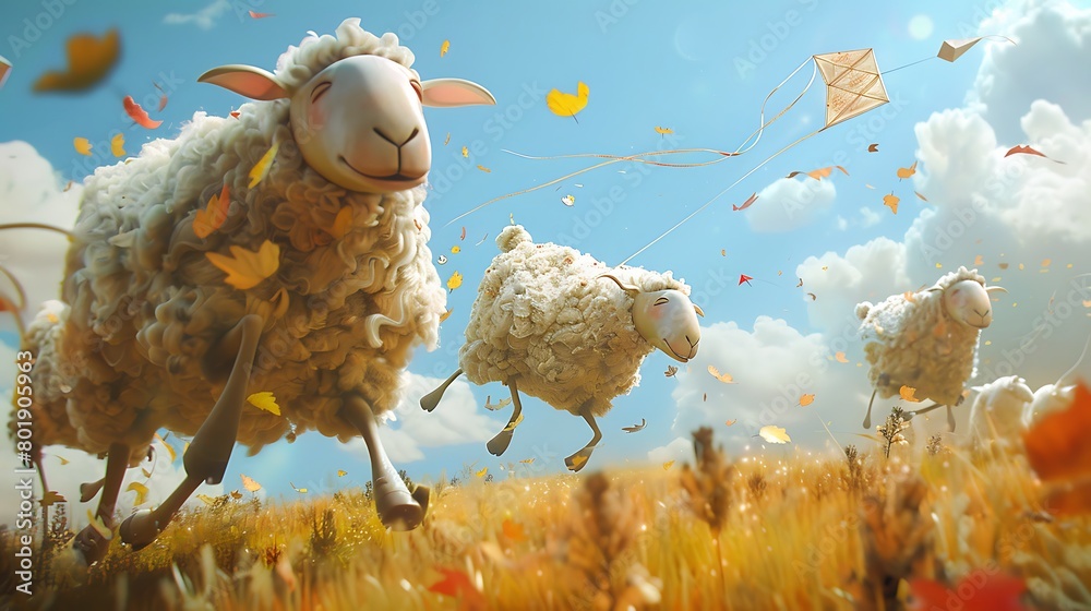 A whimsical scene of sheep flying kites in the sky, their woolly coats ...