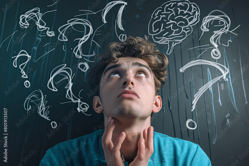 Sad young man with worried stressed face expression and brain melting ...