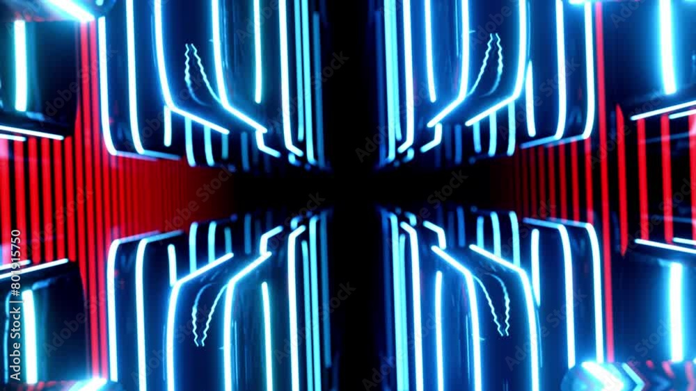 flight through hi-tech technology tunnel with camera shake. Neon light ...