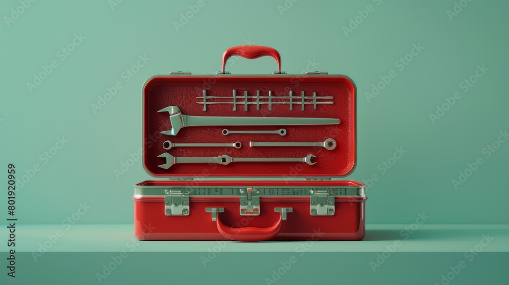 Realistic view of a vibrant red toolbox open on a cool mint backdrop ...