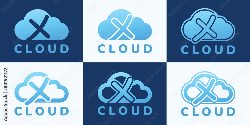 Set of letter X blue cloud logo. This logo combines letters and cloud ...