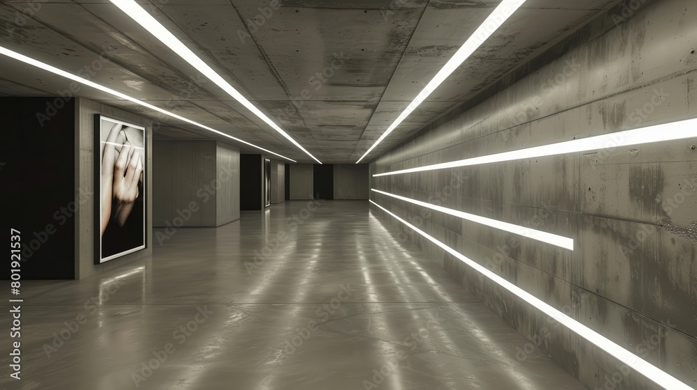 Sophisticated underground showroom corridor with polished concrete ...