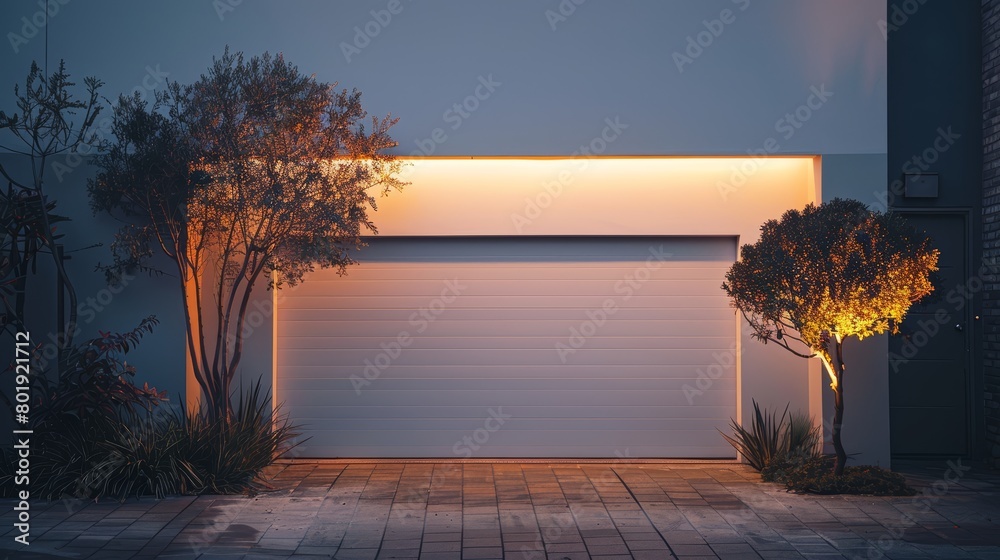 Warm amber lighting enhances the appeal of a white garage door ...
