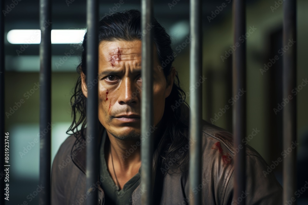 Native American male prisoner, aged 40, with a thoughtful expression ...