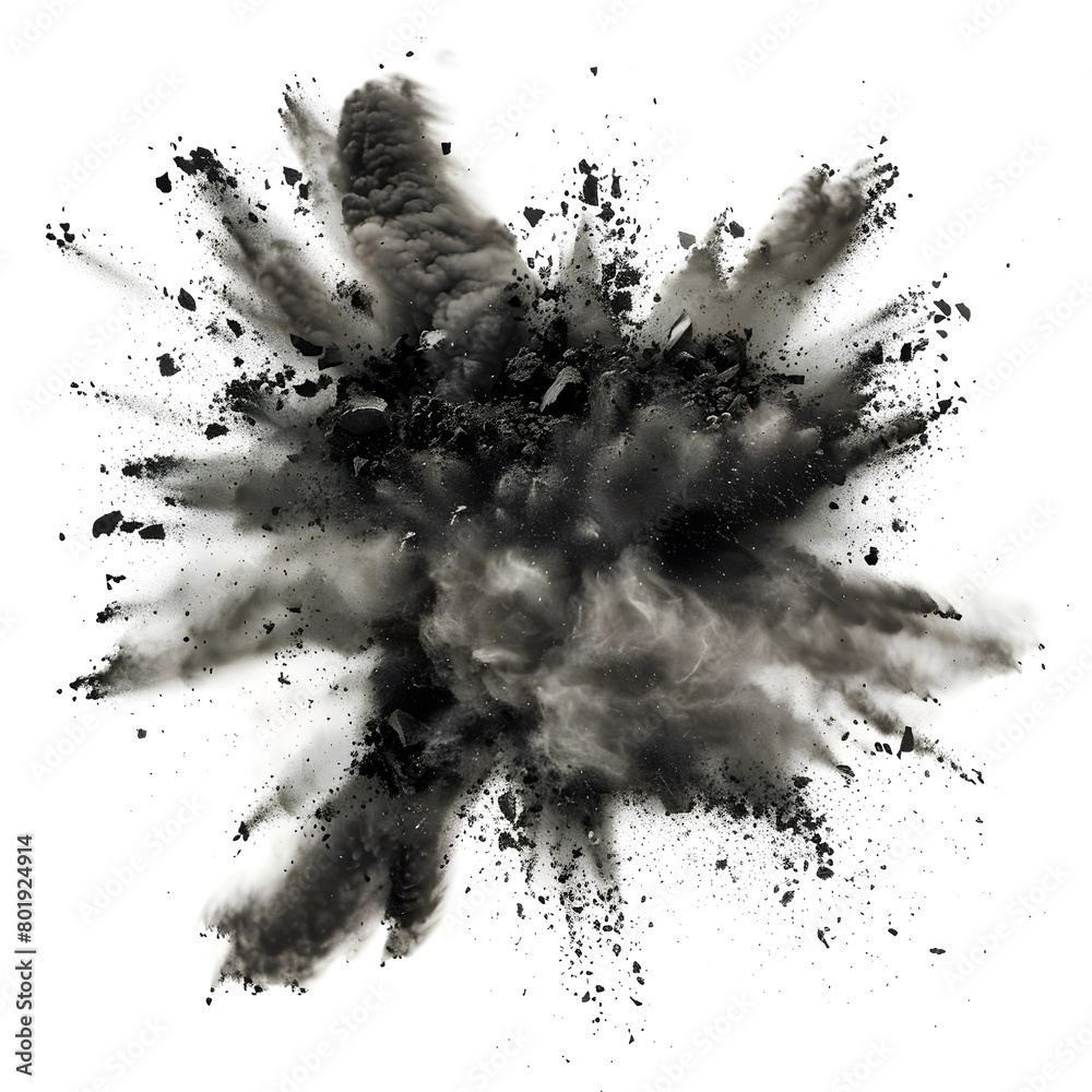 Dramatic explosion of black chalk pieces and powder, isolated on white ...