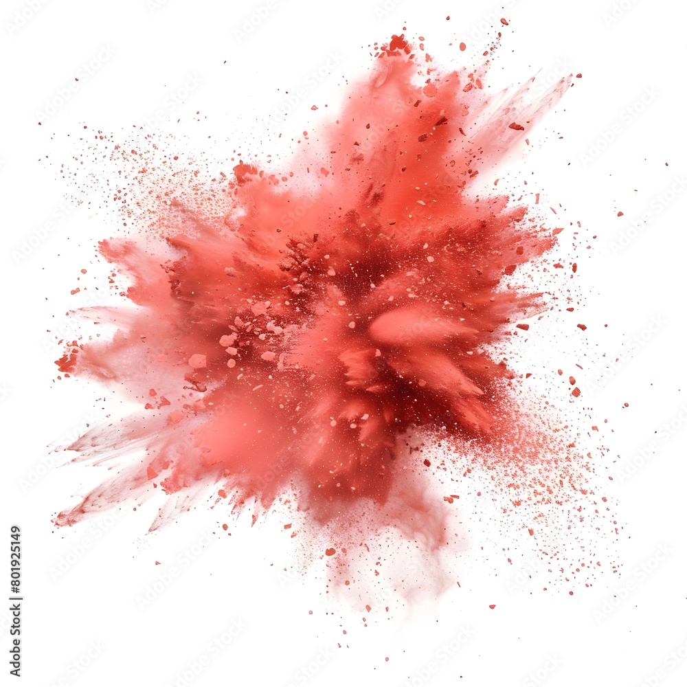 Red chalk pieces and dust flying, creating a dynamic explosion effect ...