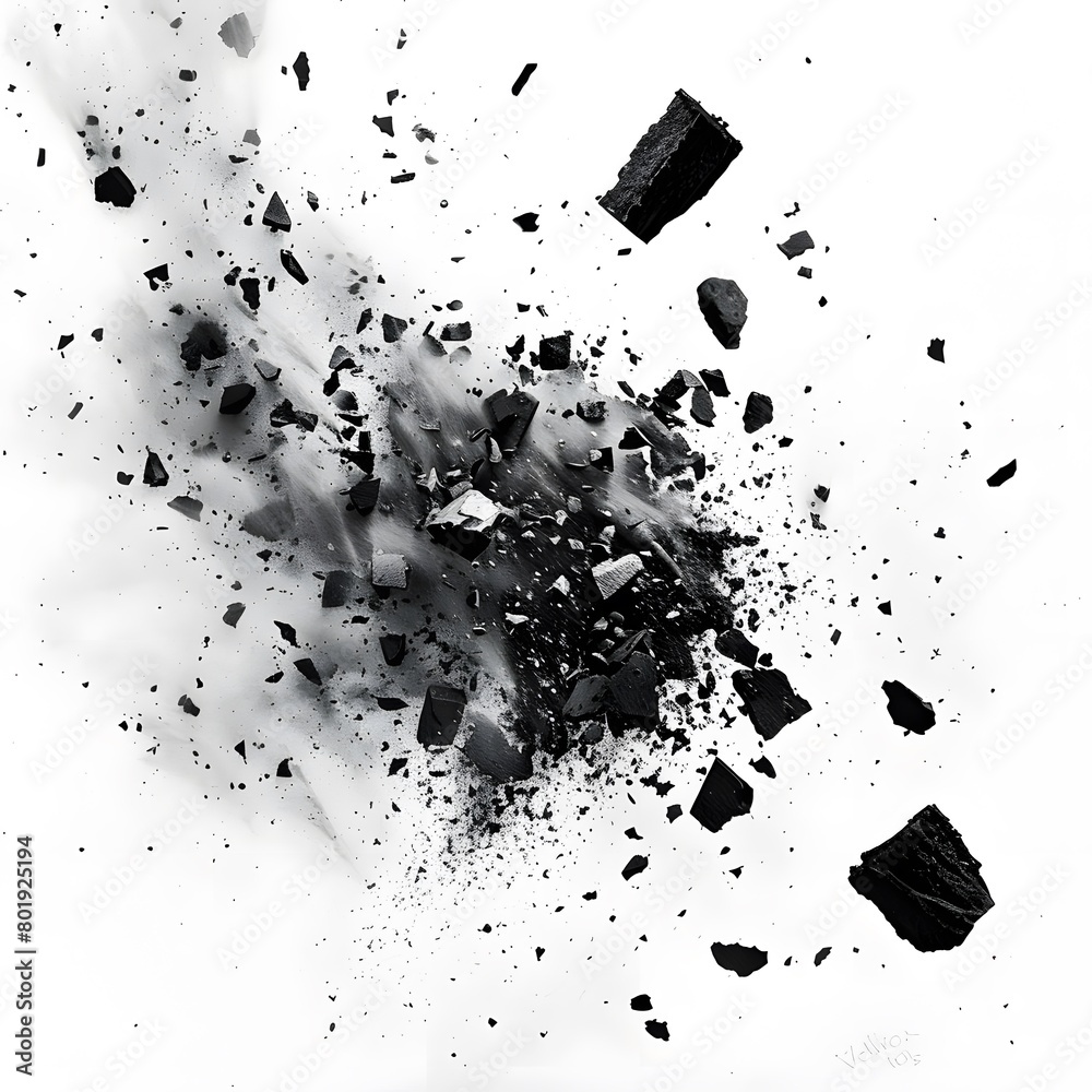 Explosion of black chalk pieces and dust, isolated on white background ...
