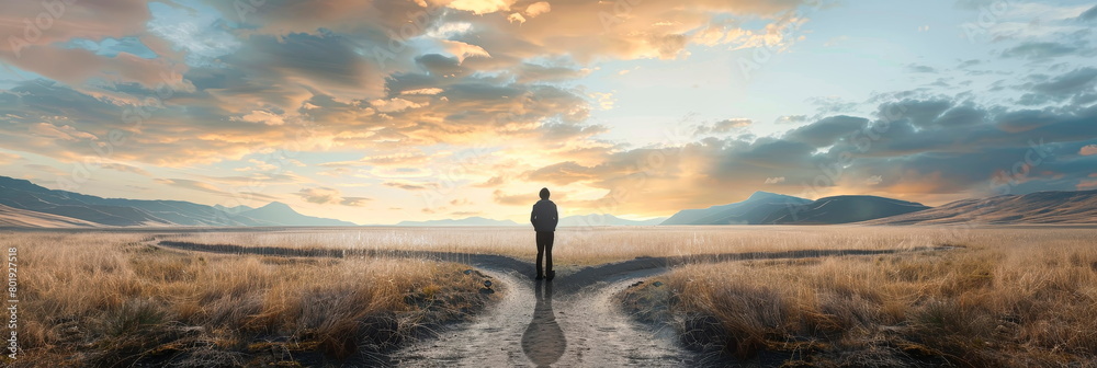 Fork in the Road: A person standing at a fork in the road, symbolizing ...