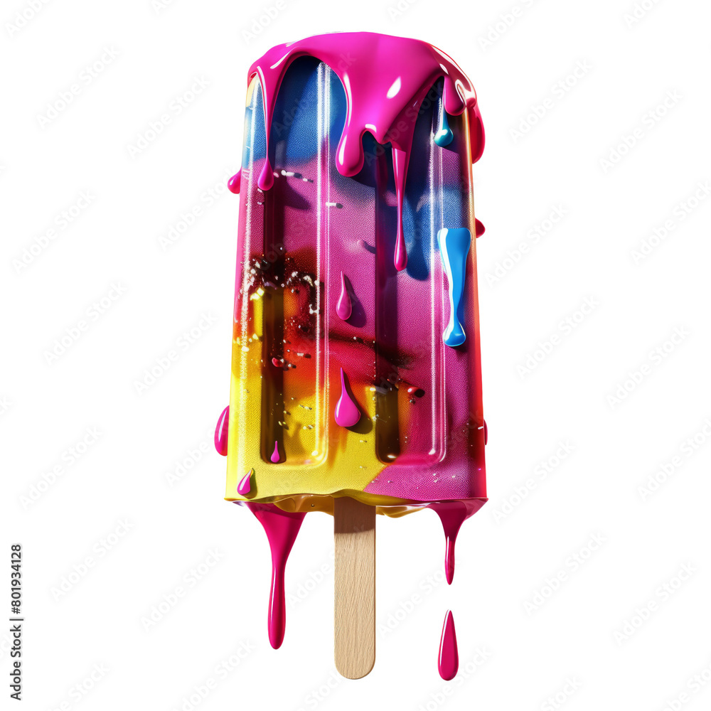 A melting popsicle, with vibrant hues and droplets of juice dripping ...