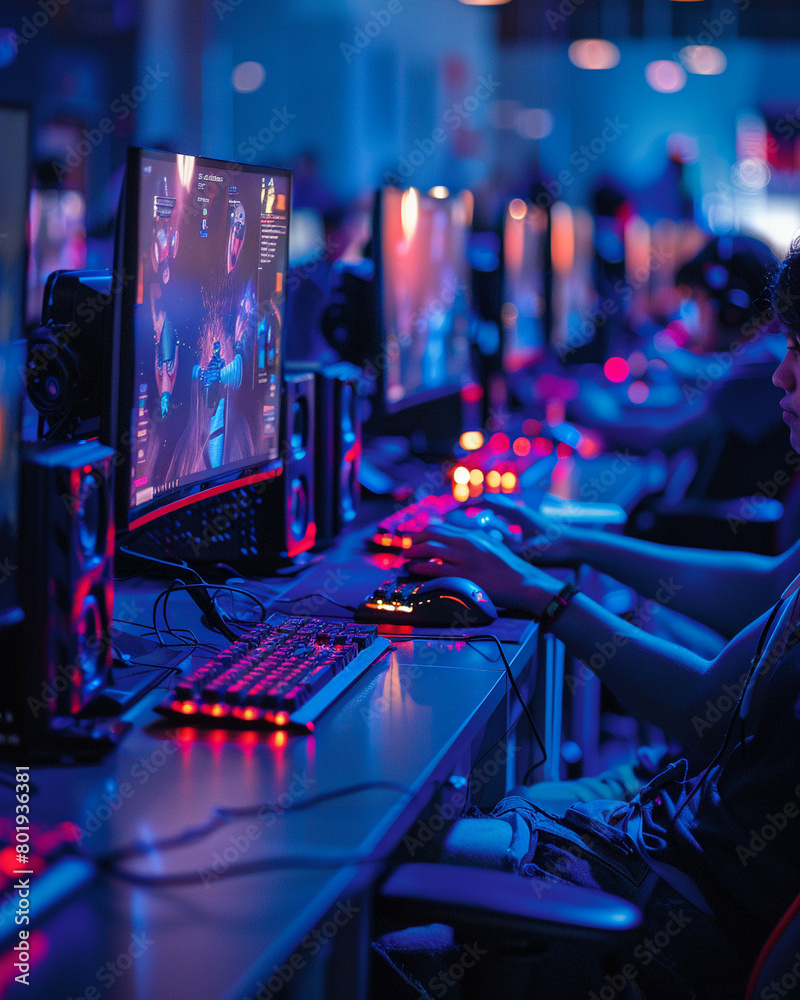LAN party setup, rows of computers, intense focus, soft blue lighting ...
