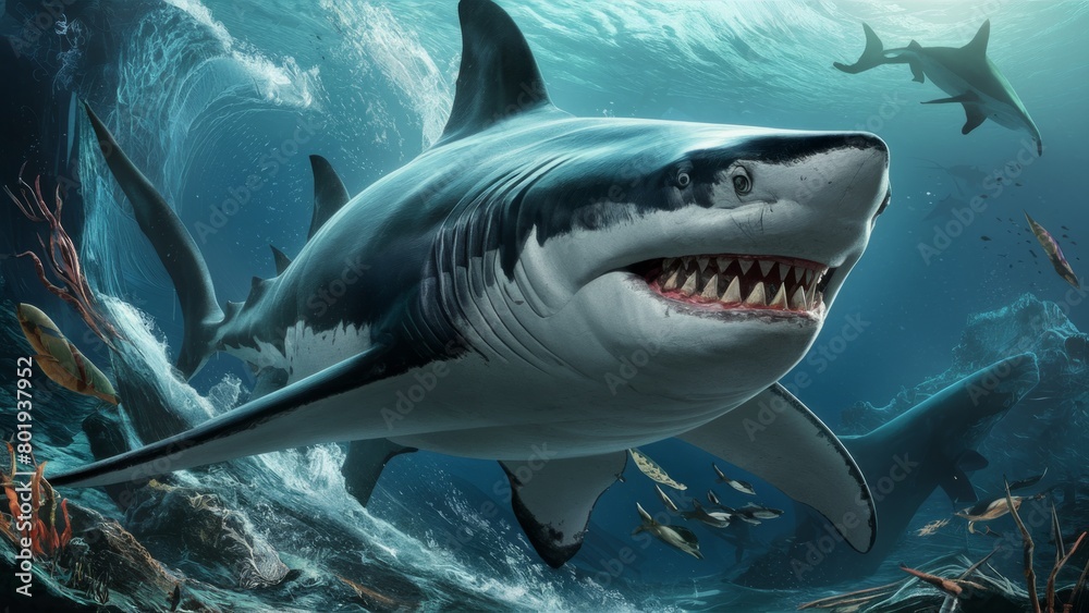 A painting depicting a shark swimming in the water column. A large ...