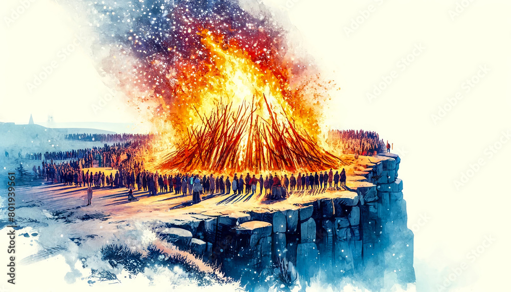 Crowd gathered around a massive bonfire at a winter solstice ...