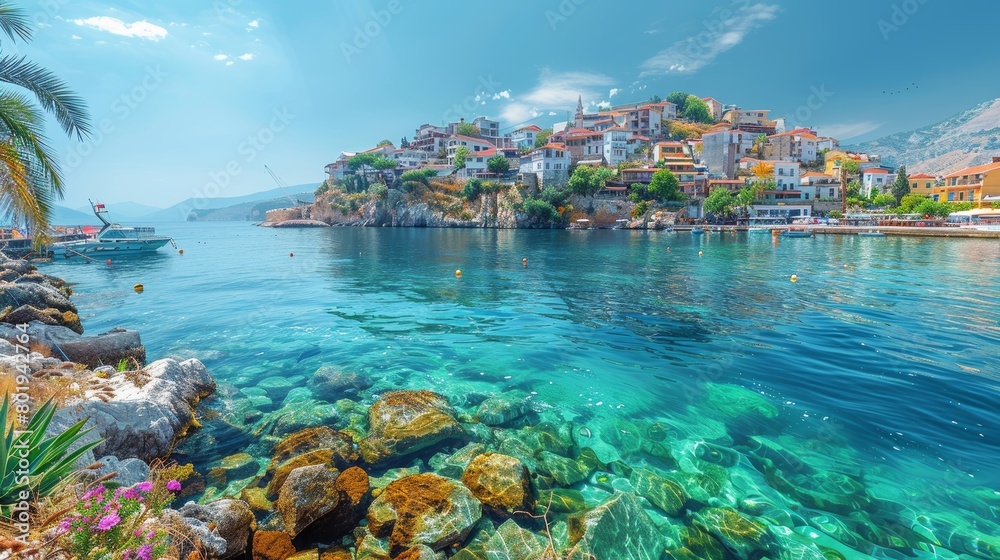 Saranda port during spring. The clear blue waters and colorful ...