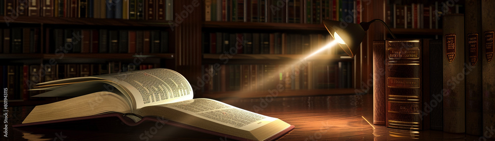 Dim library corner, a Bible illuminated by a single beam of light ...