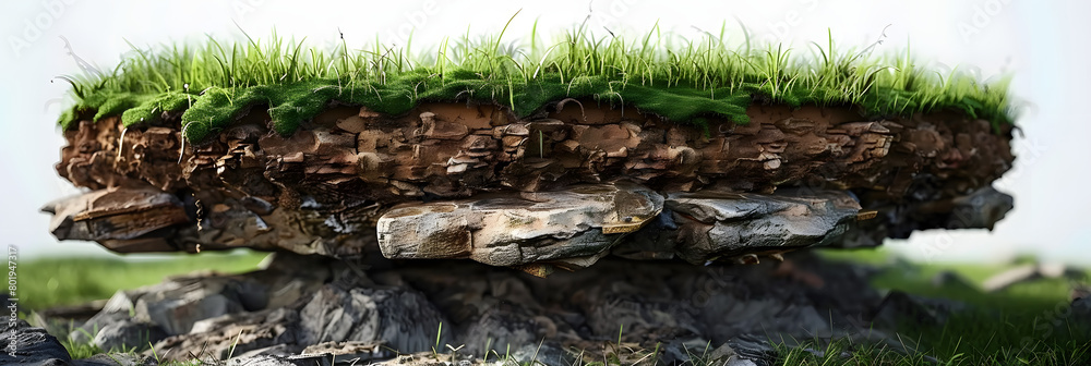 Round cross section of soil ground with green grass and earth ground ...