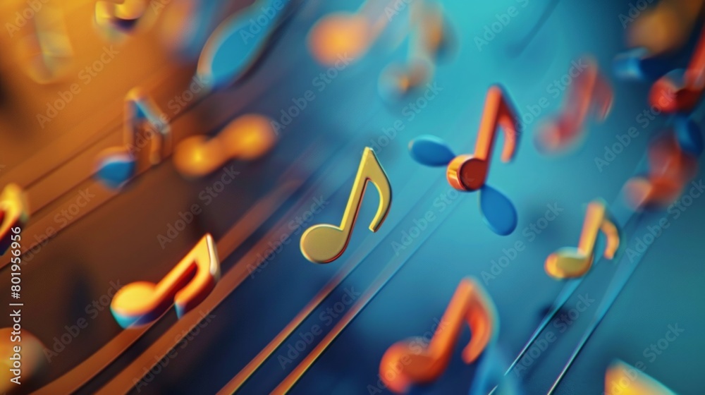 Colorful 3D musical notes on a dynamic floating stave, vibrant and ...